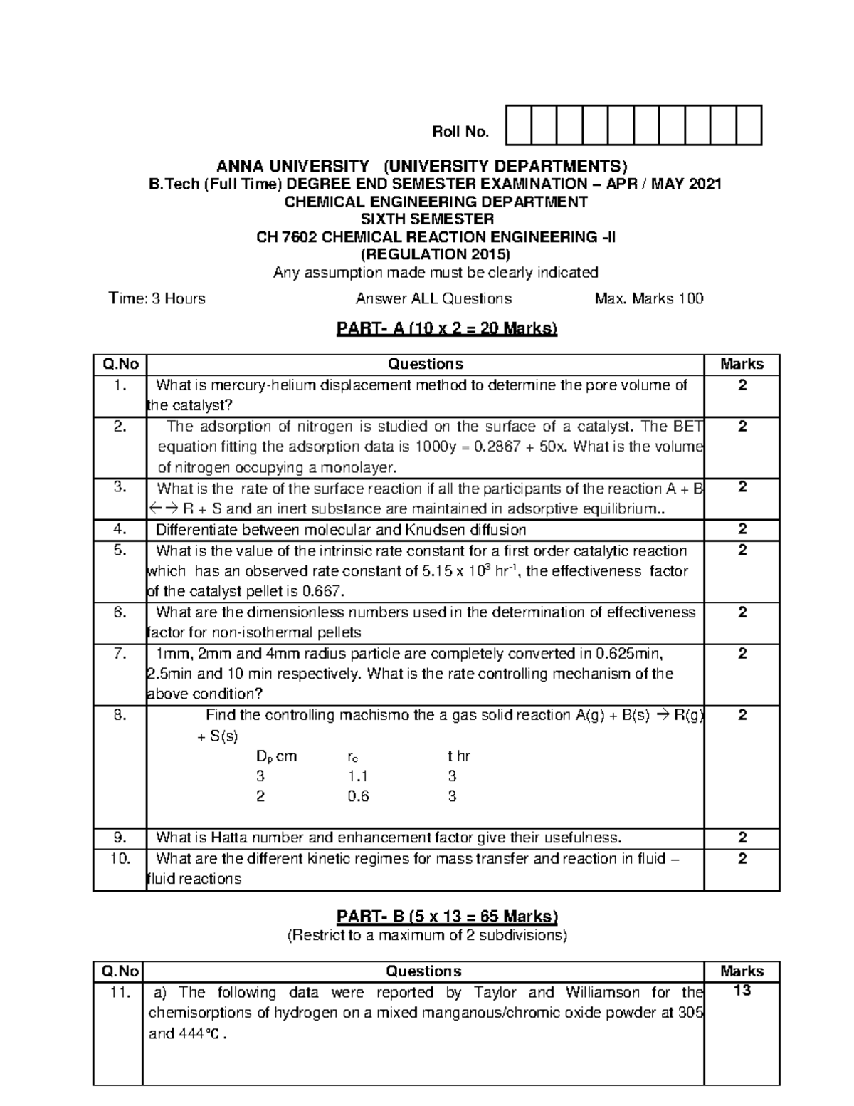 CH 7602 - Roll No. ANNA UNIVERSITY (UNIVERSITY DEPARTMENTS) B (Full ...