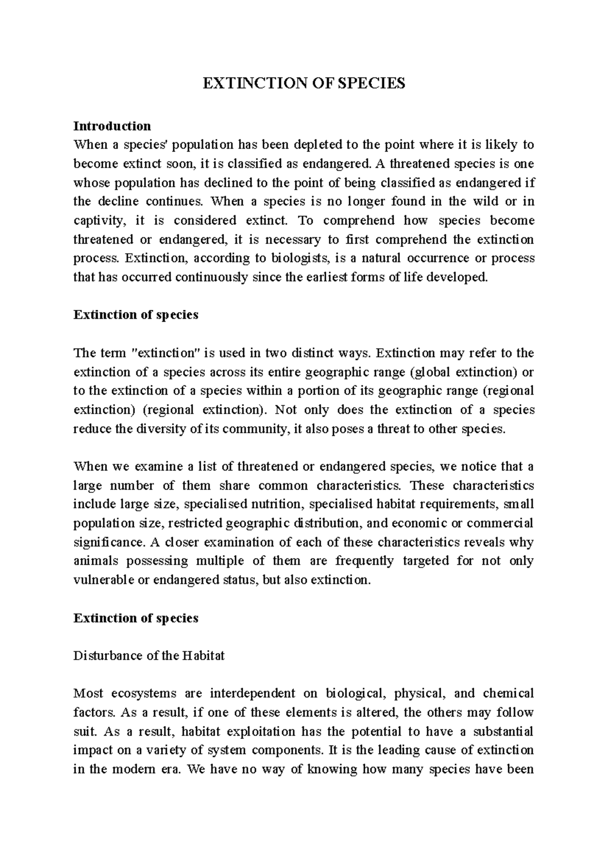 Extinction OF Species - Lecture notes 2 - EXTINCTION OF SPECIES ...