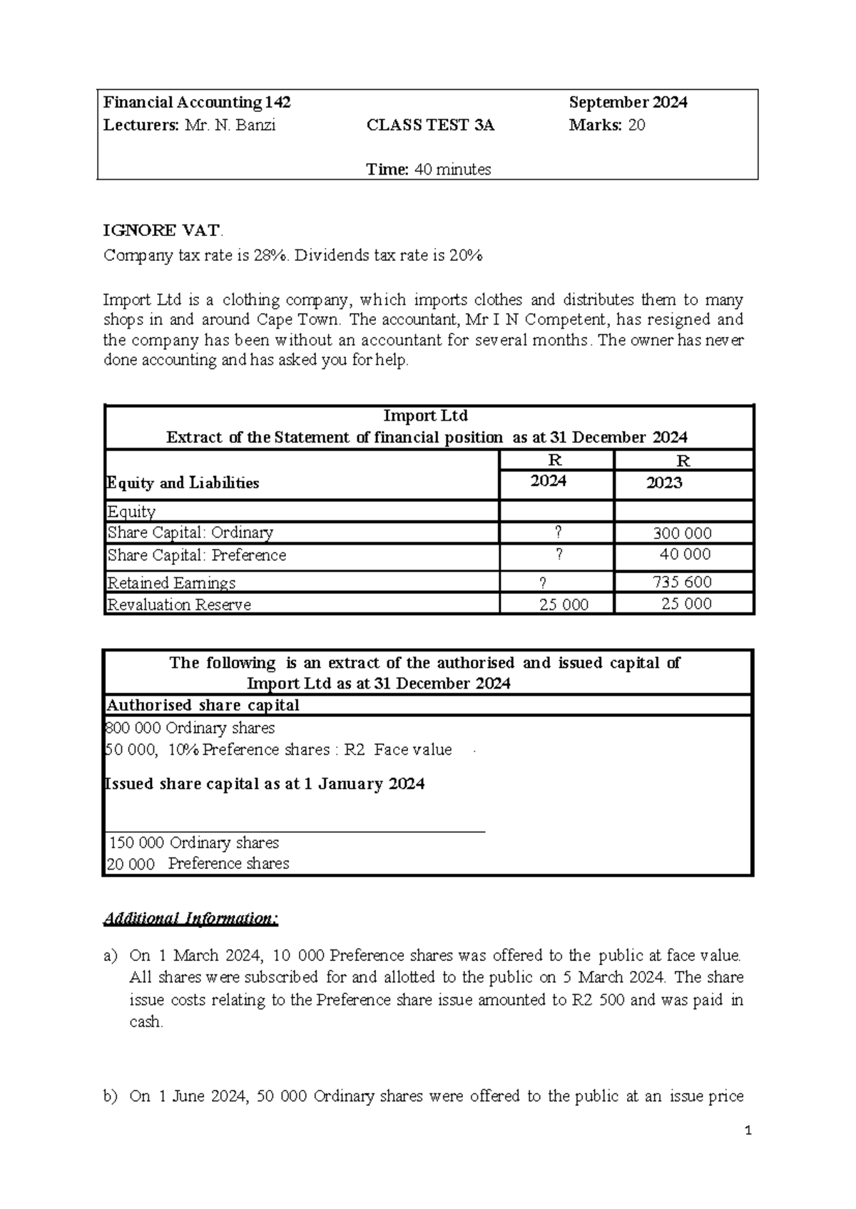 FIA142 Class Test 3A - Financial Accounting 142 September 2024 ...