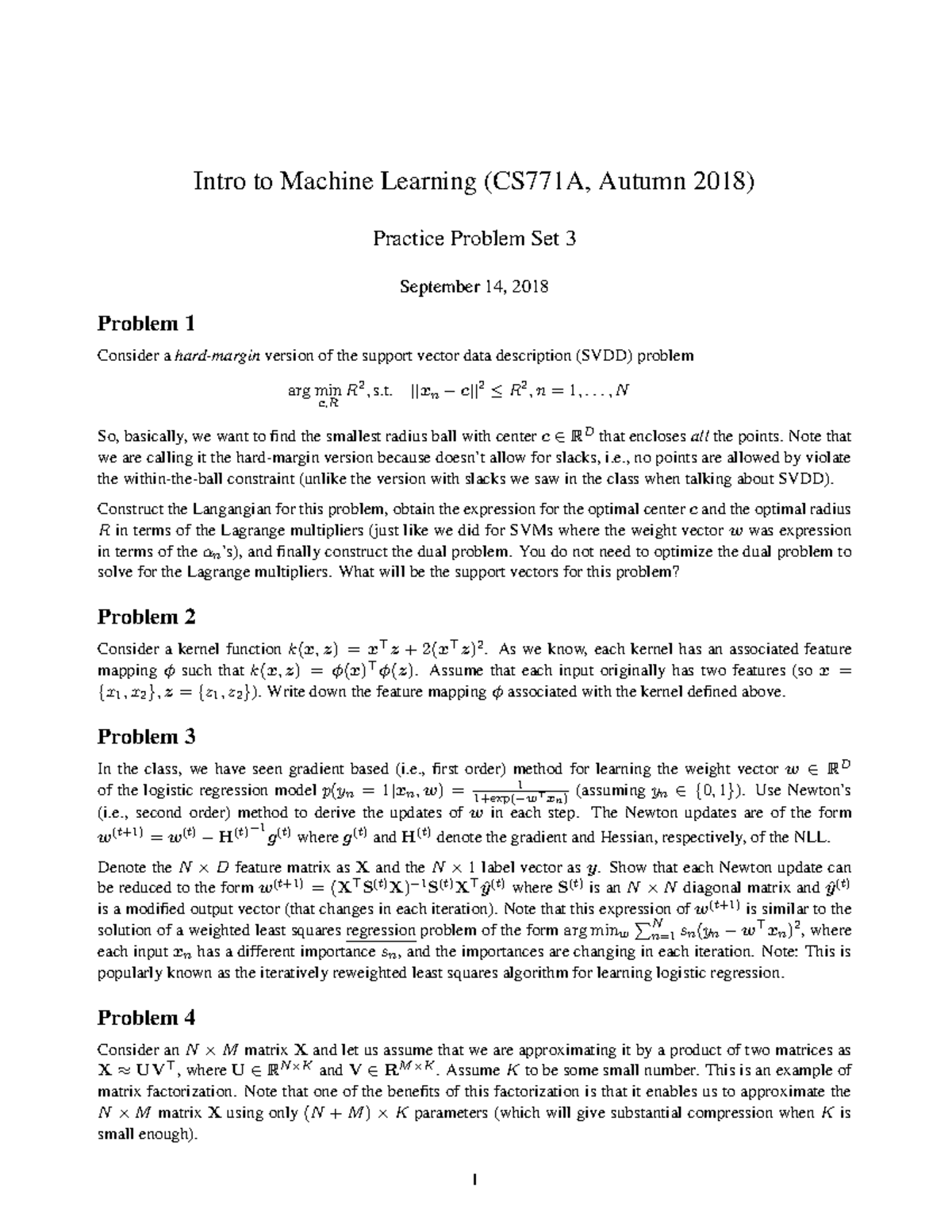 Pp4 cs771 A18 - PP4 - Intro to Machine Learning (CS771A, Autumn 2018 ...