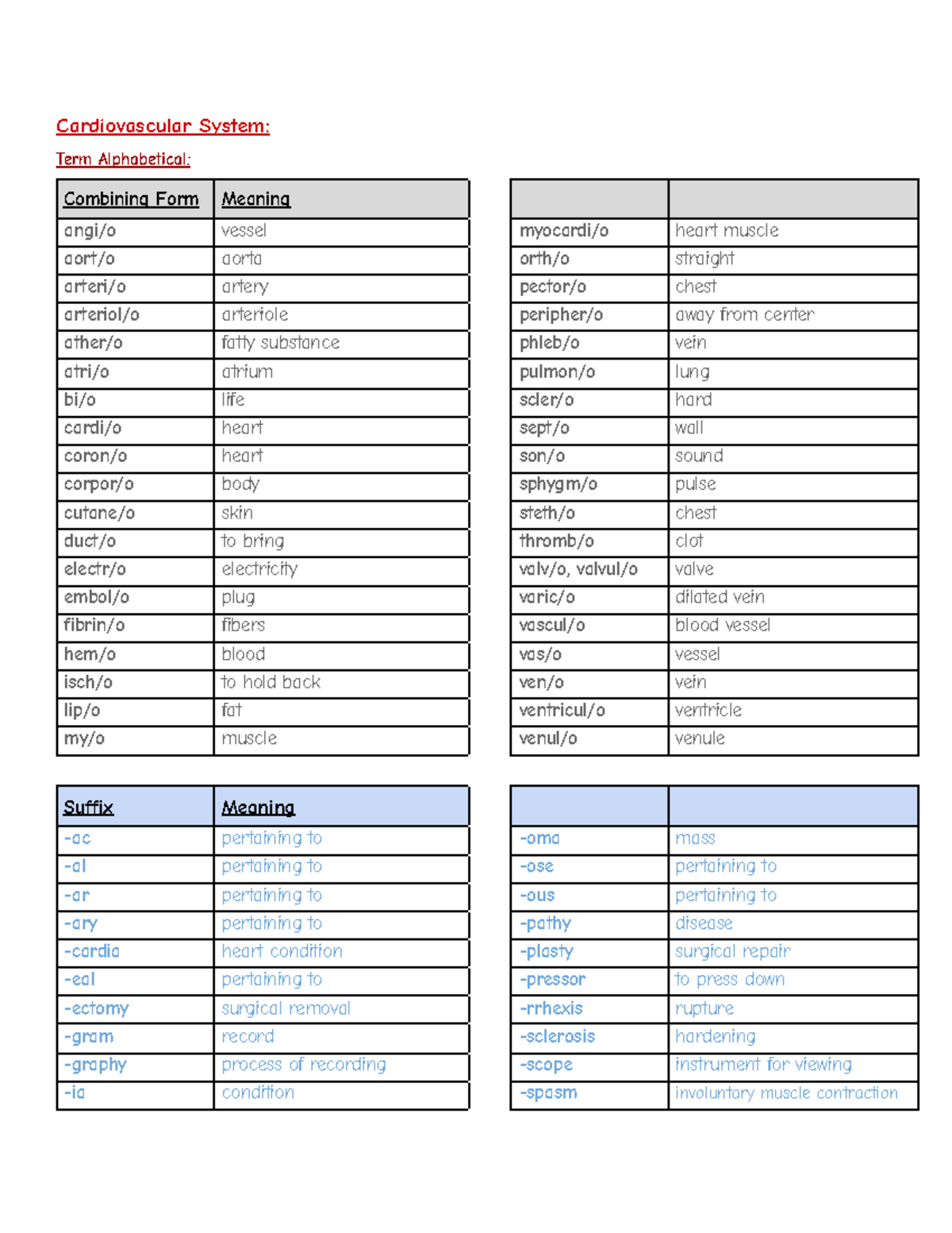 Chapter 5 - Cardiovascular System Word Charts - Cardiovascular System ...