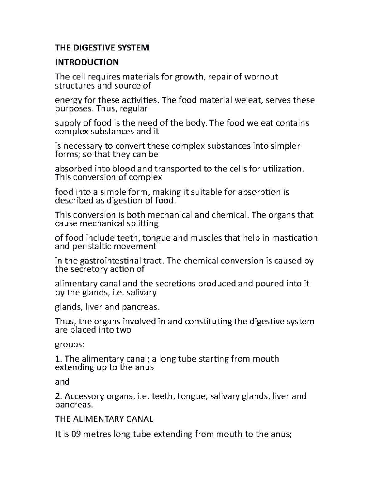 THE Digestive System notes - THE DIGESTIVE SYSTEM INTRODUCTION The cell ...