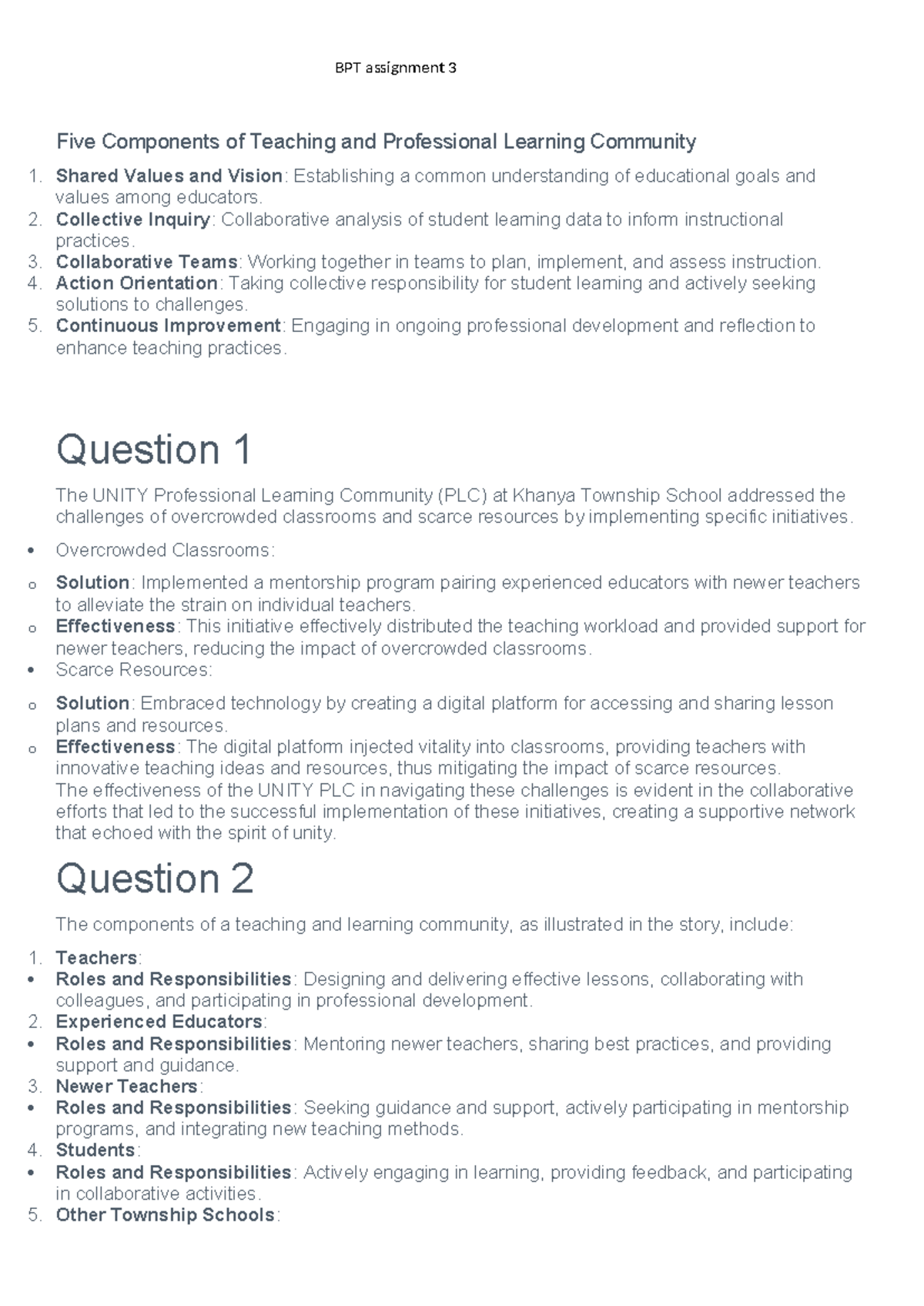 BPT assignment 3.docx - BPT assignment 3 Five Components of Teaching and Professional Learning ...