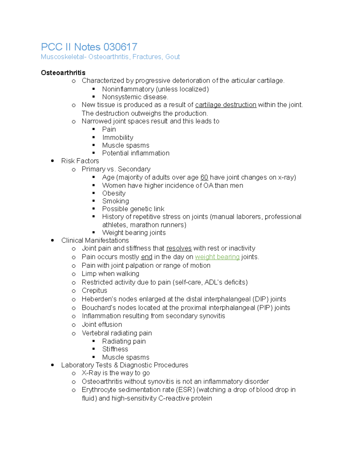 PCC II Notes 030617 - PCC II Notes 030617 Muscoskeletal- Osteoarthritis ...