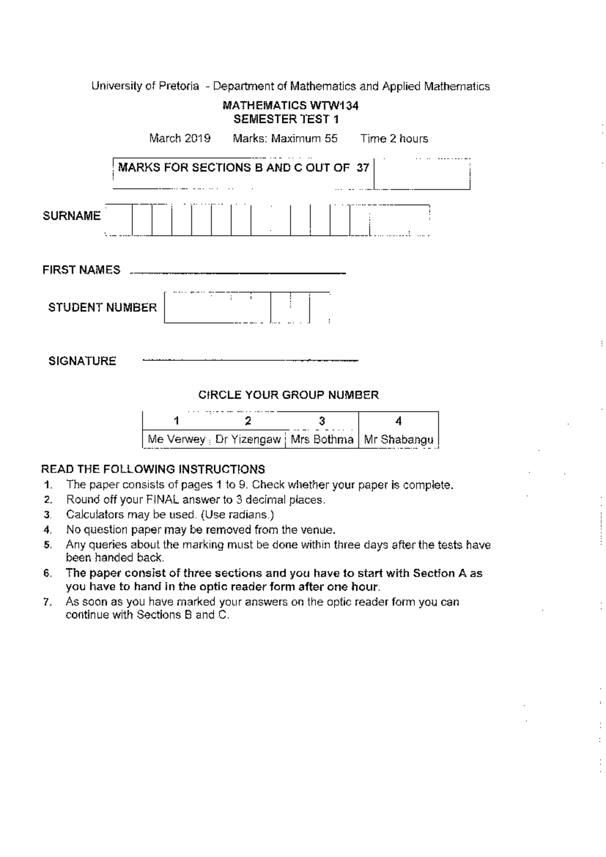 WTW 134 Semestertest 1 Memo 2019 - FST420 - Studocu
