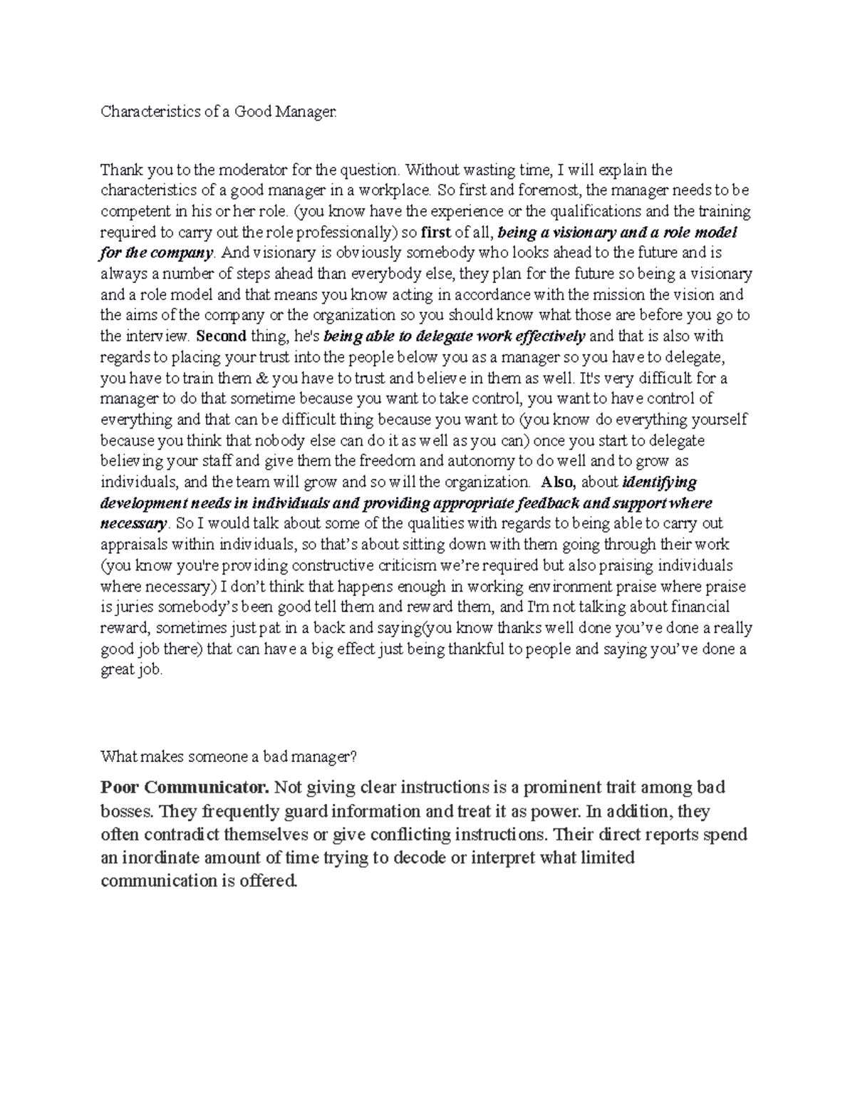 Forum huhu - ENGLISH - Characteristics of a Good Manager. Thank you to ...