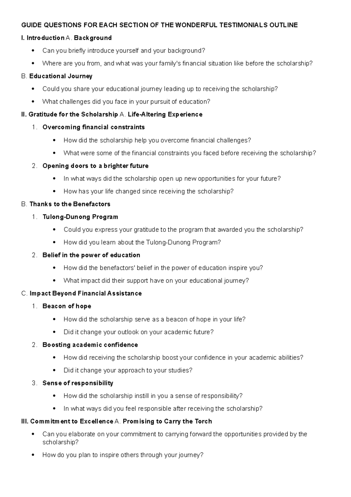 Guide Questions FOR A Wonderful Testimonials Outline - GUIDE QUESTIONS ...