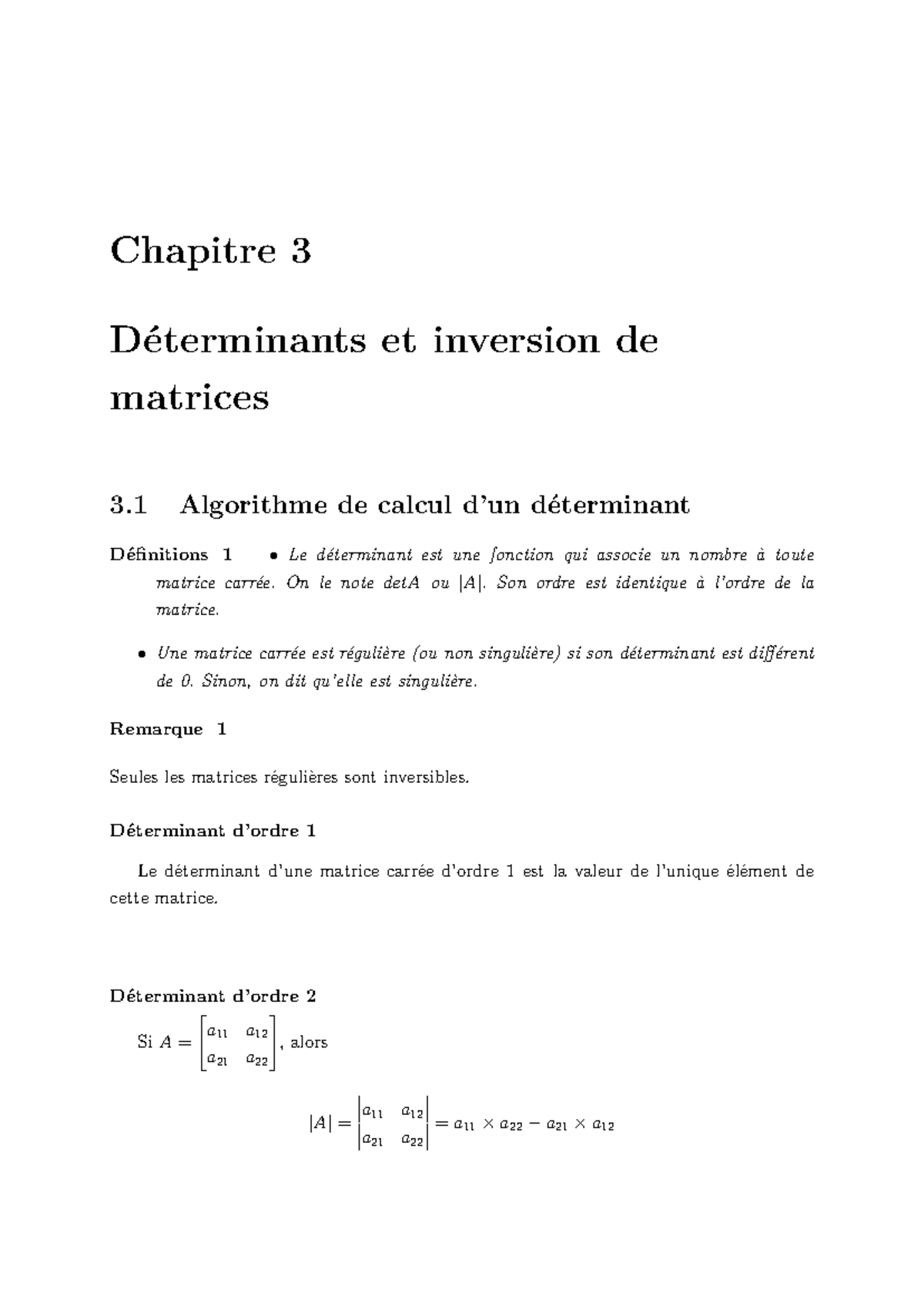 Chapitre 3: Determinant Inverse - Chapitre 3 Déterminants et inversion ...