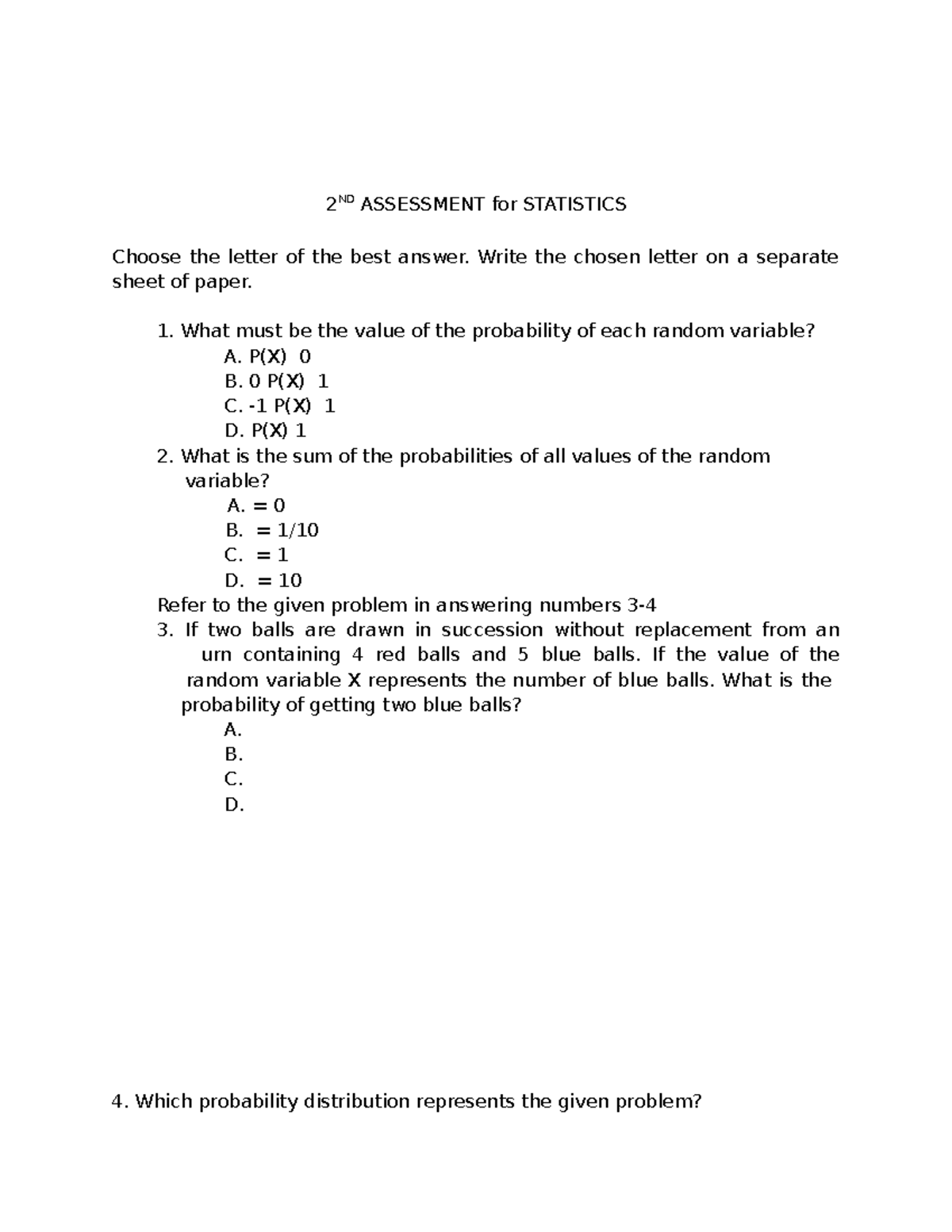 Statistics and Probability 3rd Quarter-2ND- Assessment - senior high ...