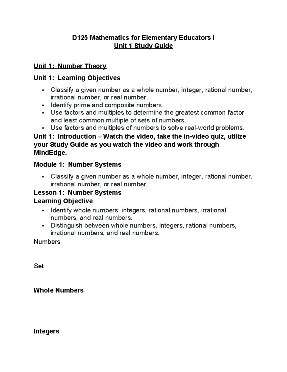D125 Unit 1 Study Guide - D125 Mathematics for Elementary Educators I ...