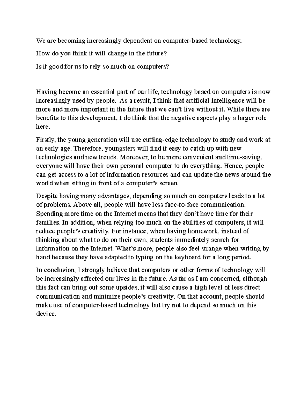 Writing unit 4 - We are becoming increasingly dependent on computer ...