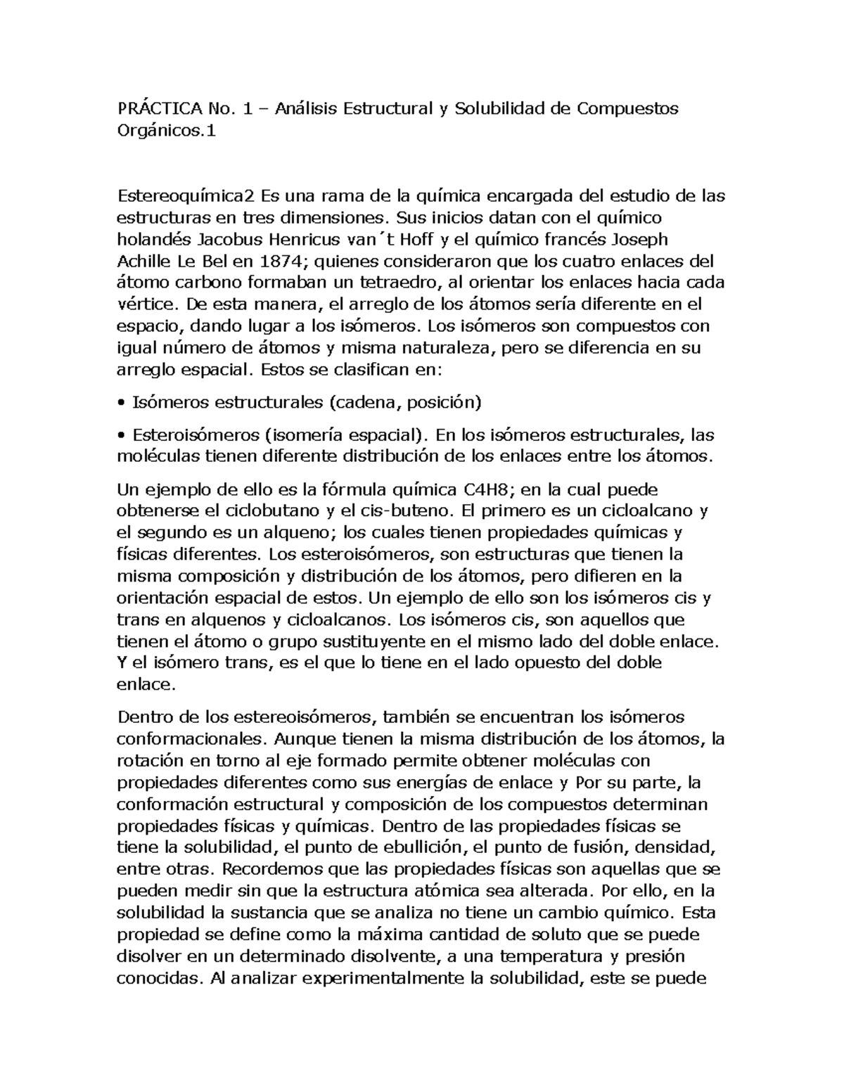 Práctica No 1 - dsf - PR¡CTICA No. 1 – An·lisis Estructural y Solubilidad de Compuestos Org ...