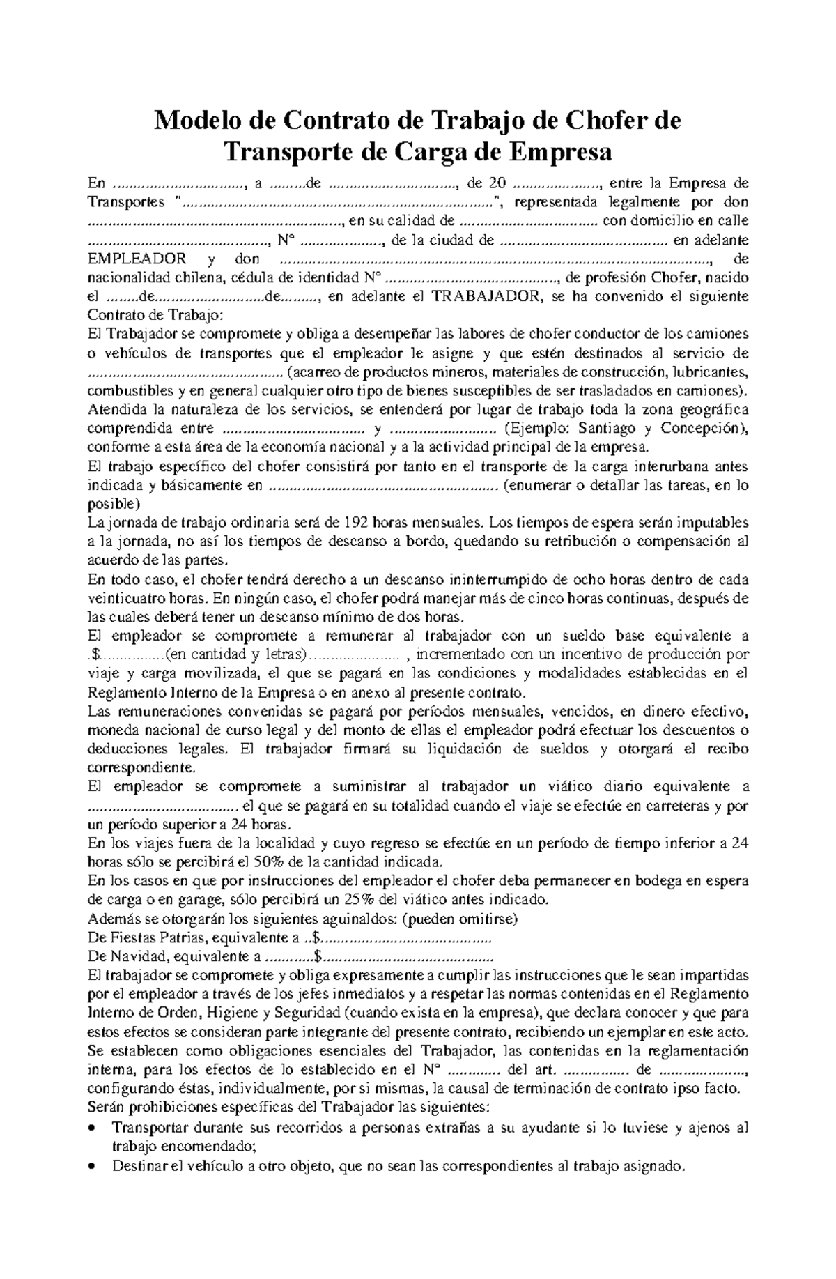 Modelo de Contrato de Trabajo de Chofer de Transporte de Carga de Empresa - - Studocu