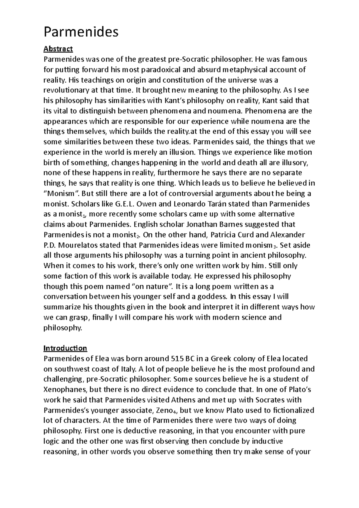 Parmenides - Abstract Parmenides was one of the greatest pre-Socratic ...