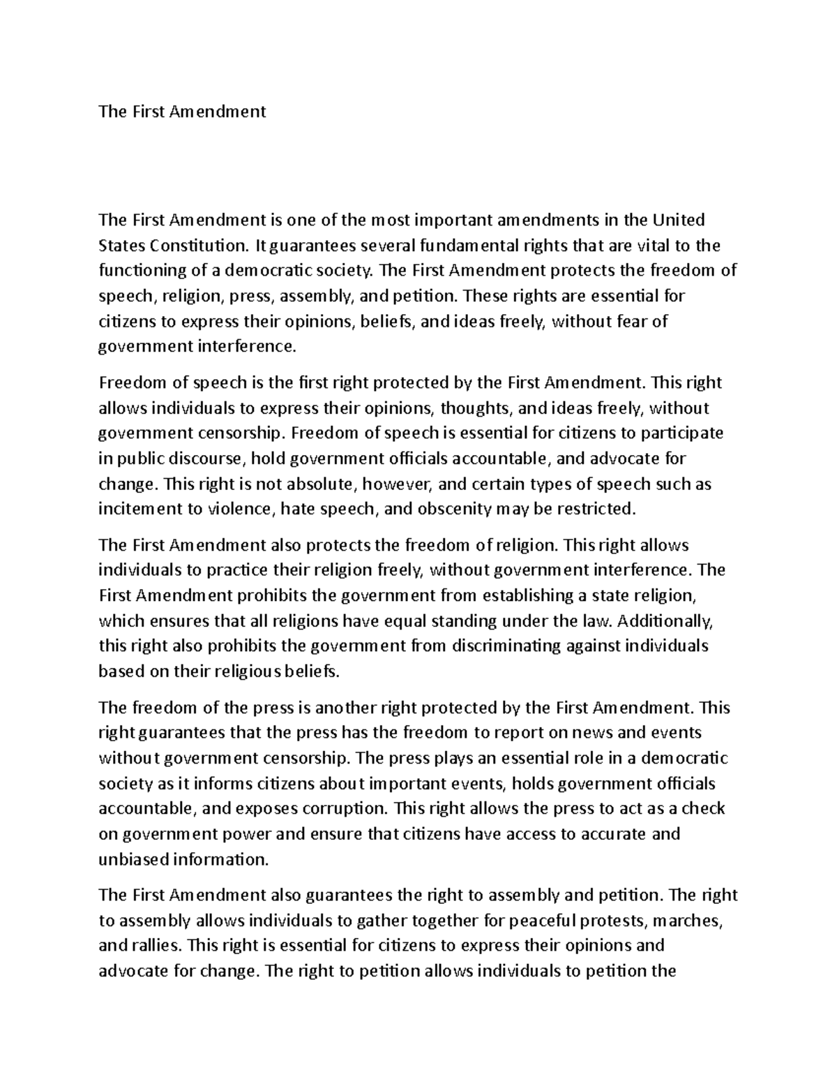 First Amendment notes - The First Amendment The First Amendment is one ...