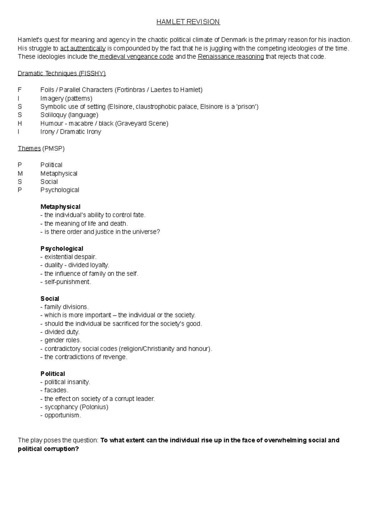 Hamlet Revision - NSW HSC - HAMLET REVISION Hamlet’s quest for meaning ...