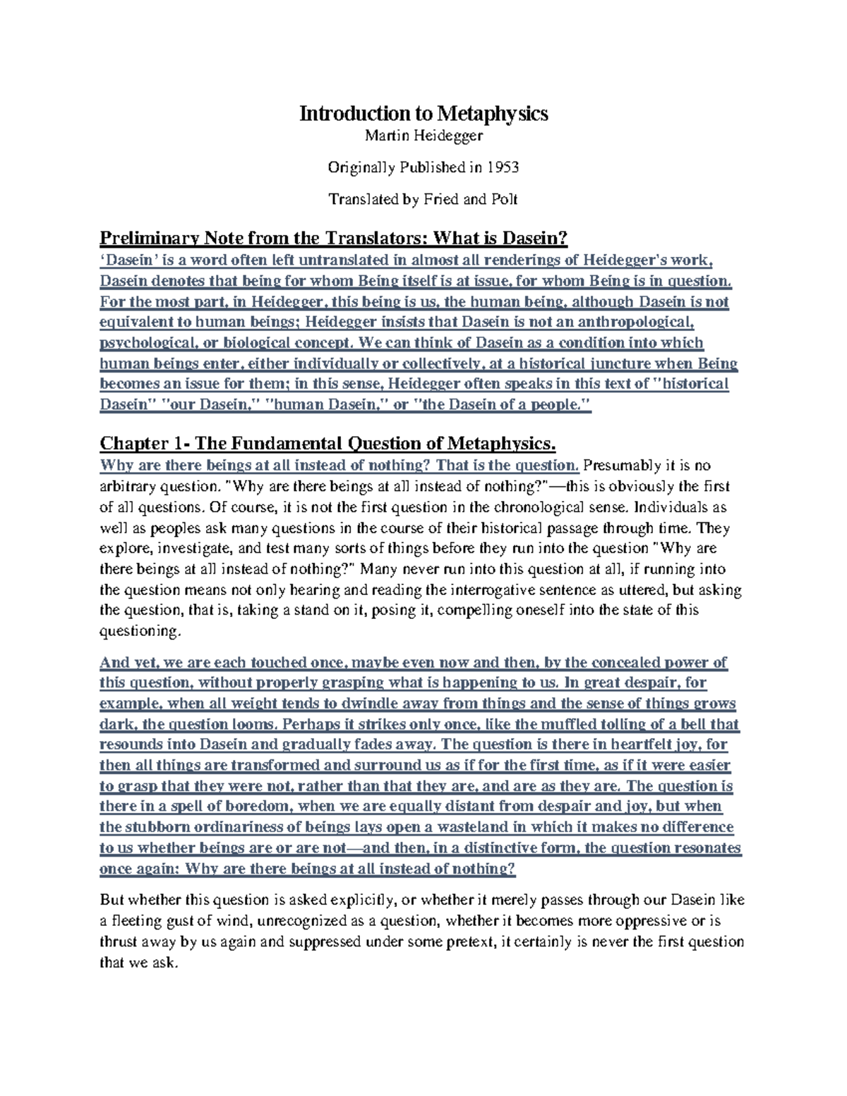 Reading 4.4- Heidegger - Introduction to Metaphysics Martin Heidegger ...