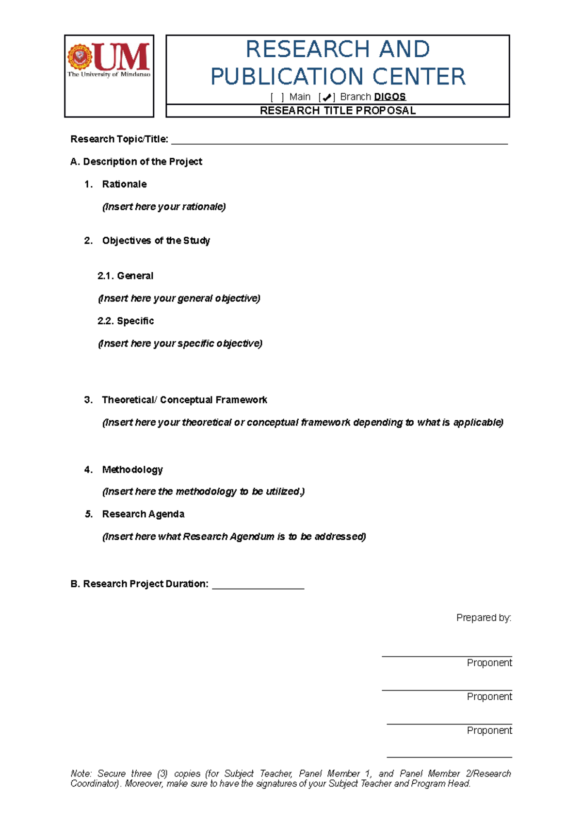 Student Title Proposal Sheet - RESEARCH AND PUBLICATION CENTER [ ] Main ...