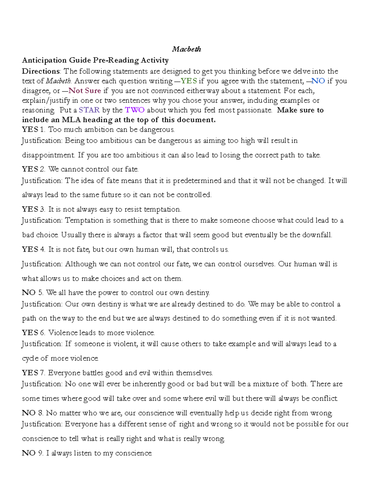 English Macbeth Anticipation Guide - Macbeth Anticipation Guide Pre ...