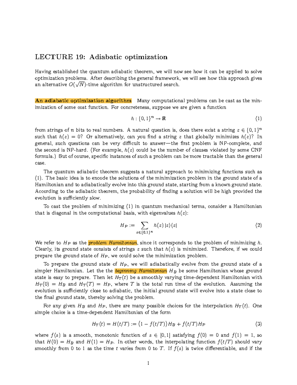 Lecture 19 Adiabatic Optimization Quantum Algorithms Co 781 Winter 2008 Prof Andrew