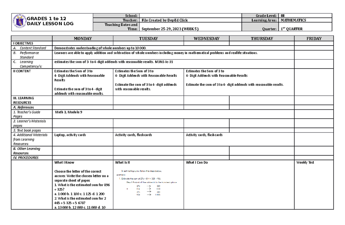 mathematics practice material - GRADES 1 to 12 DAILY LESSON LOG School ...