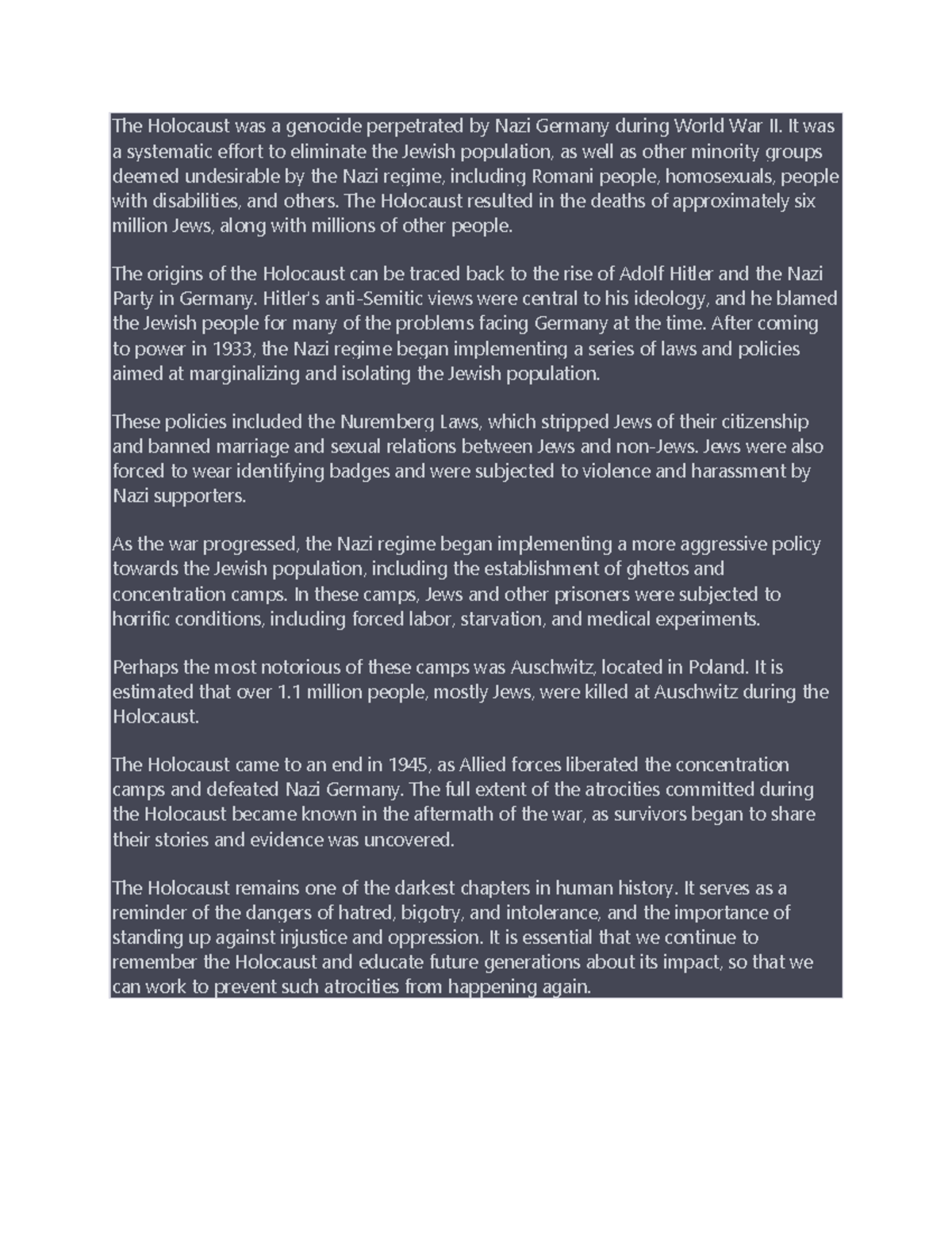 Holocaust essay The Holocaust was a genocide perpetrated by Nazi ...