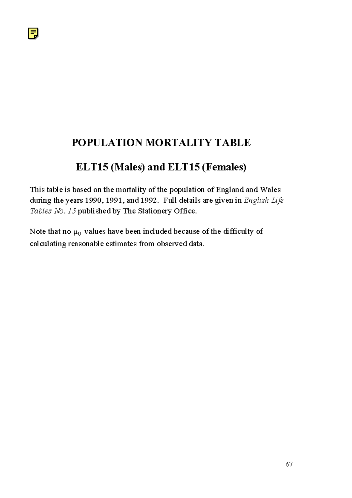 ELT15 - Formulae and tables - POPULATION MORTALITY TABLE ELT15 (Males ...