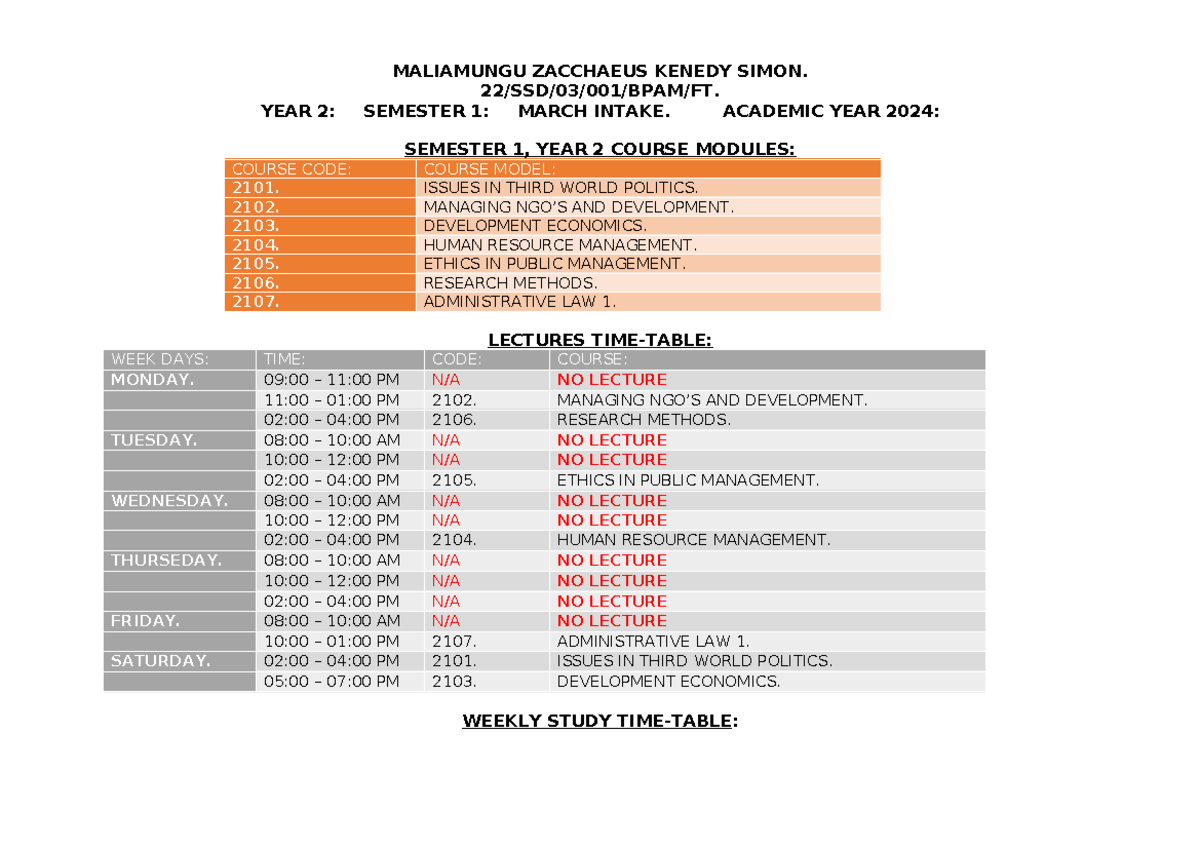 Lecture AND Studies TIME Table. YEAR 2 SEM 1 - MALIAMUNGU ZACCHAEUS ...