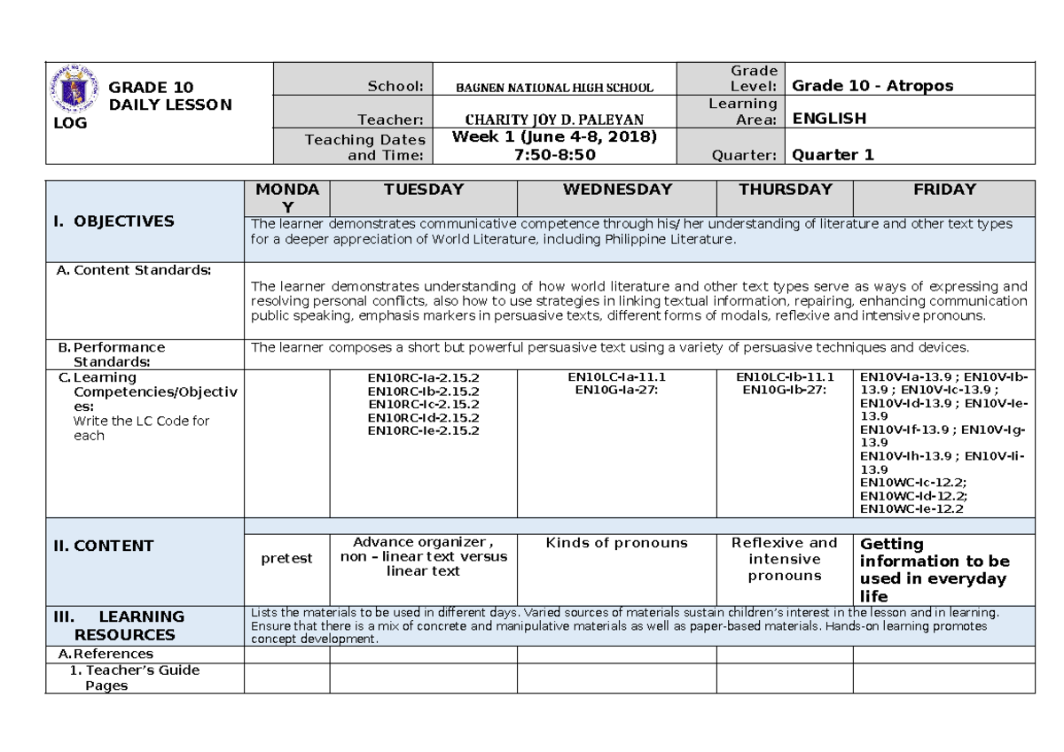 444076664 Grade 10 DLL week 1 quarter 1 - GRADE 10 DAILY LESSON LOG ...