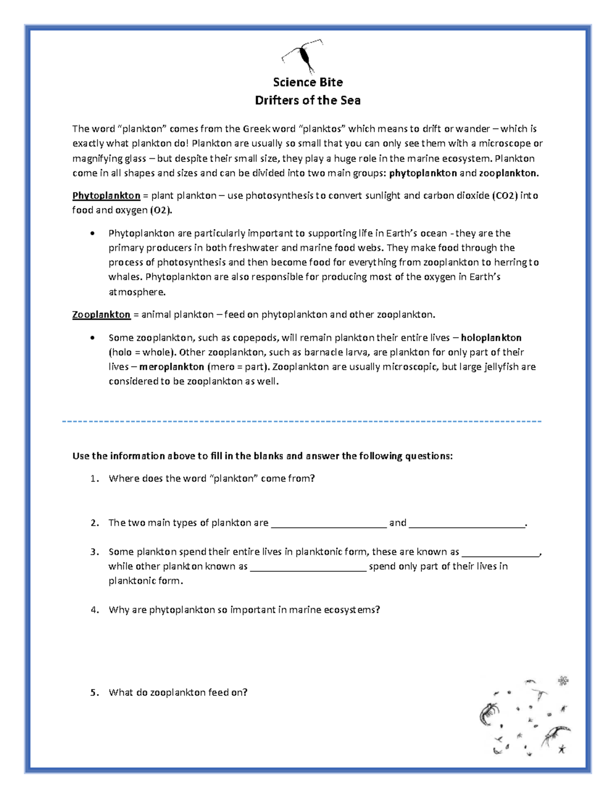 Plankton-Worksheet - information on what are plankton and the different ...