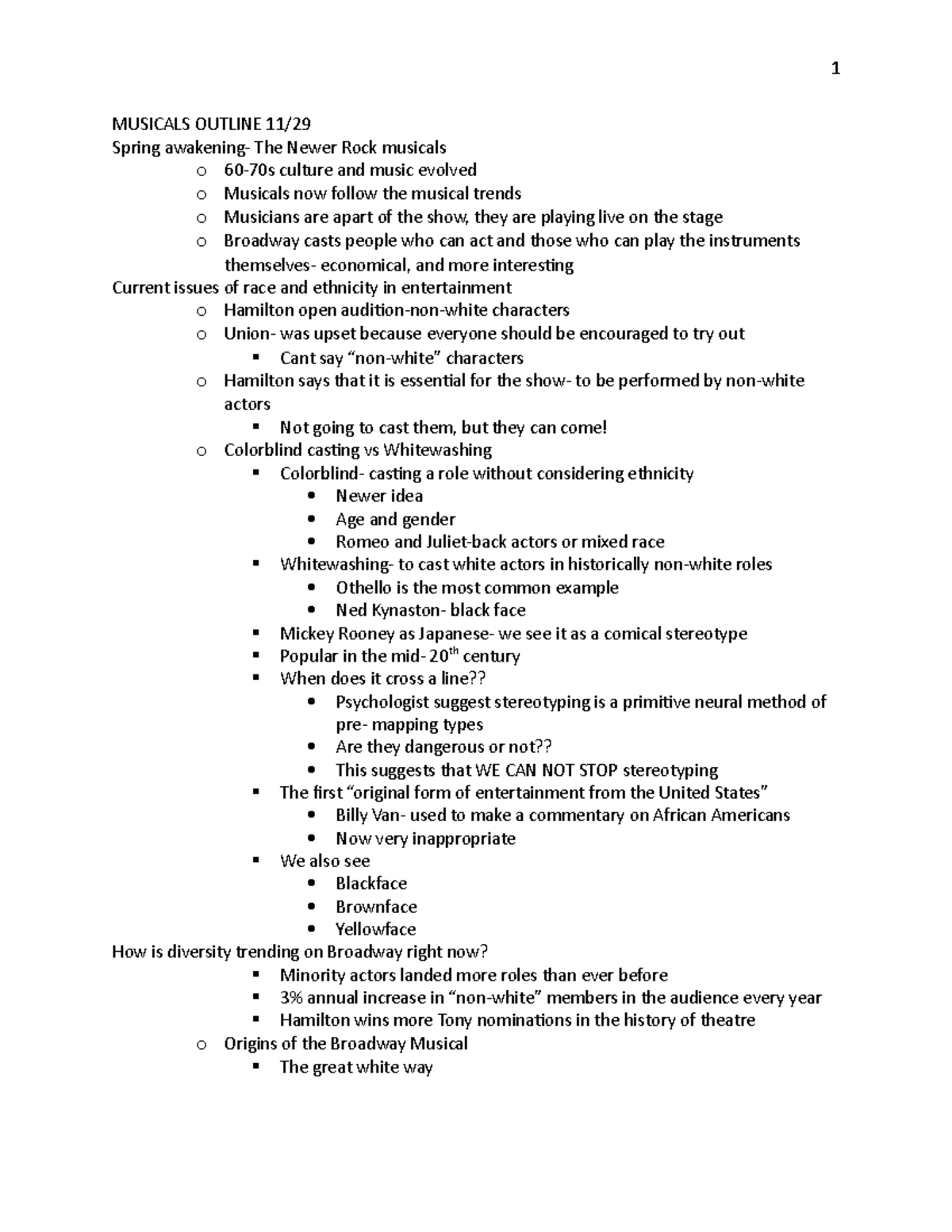 Musical Theatre - Class Notes - 1 MUSICALS OUTLINE 11/29 Spring ...