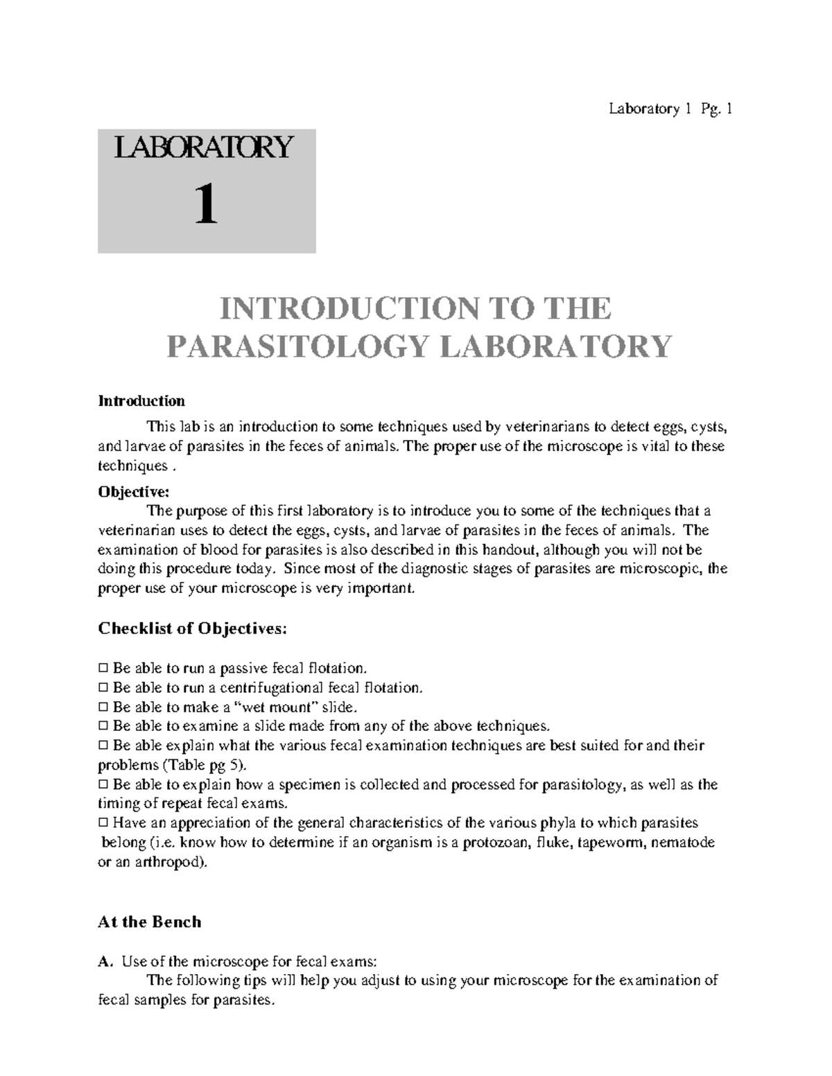 Parasit lab books library - LABORATORY 1 INTRODUCTION TO THE PARASITOLOGY LABORATORY ...