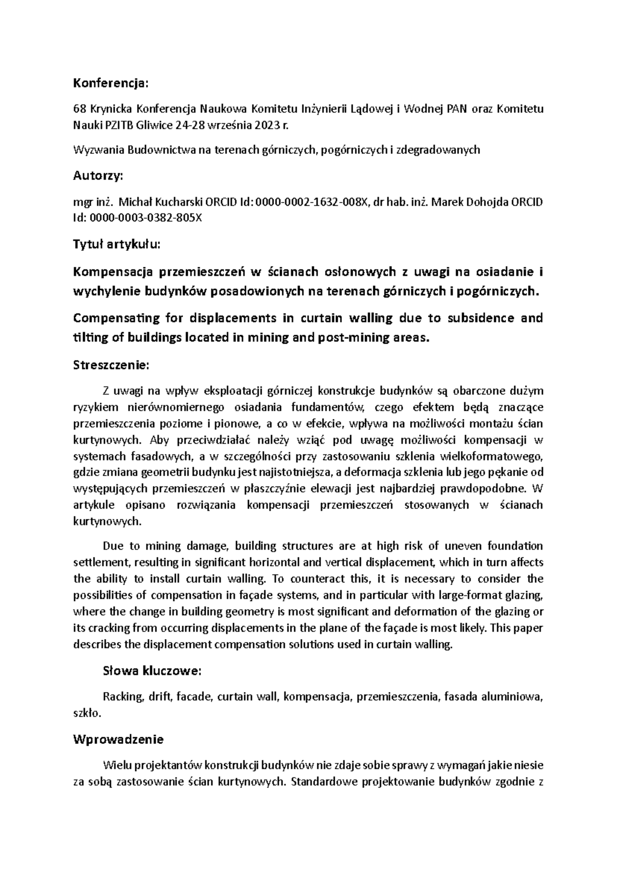 Kucharski Dohojda - Konferencja: 68 Krynicka Konferencja Naukowa Komitetu Inżynierii Lądowej i ...