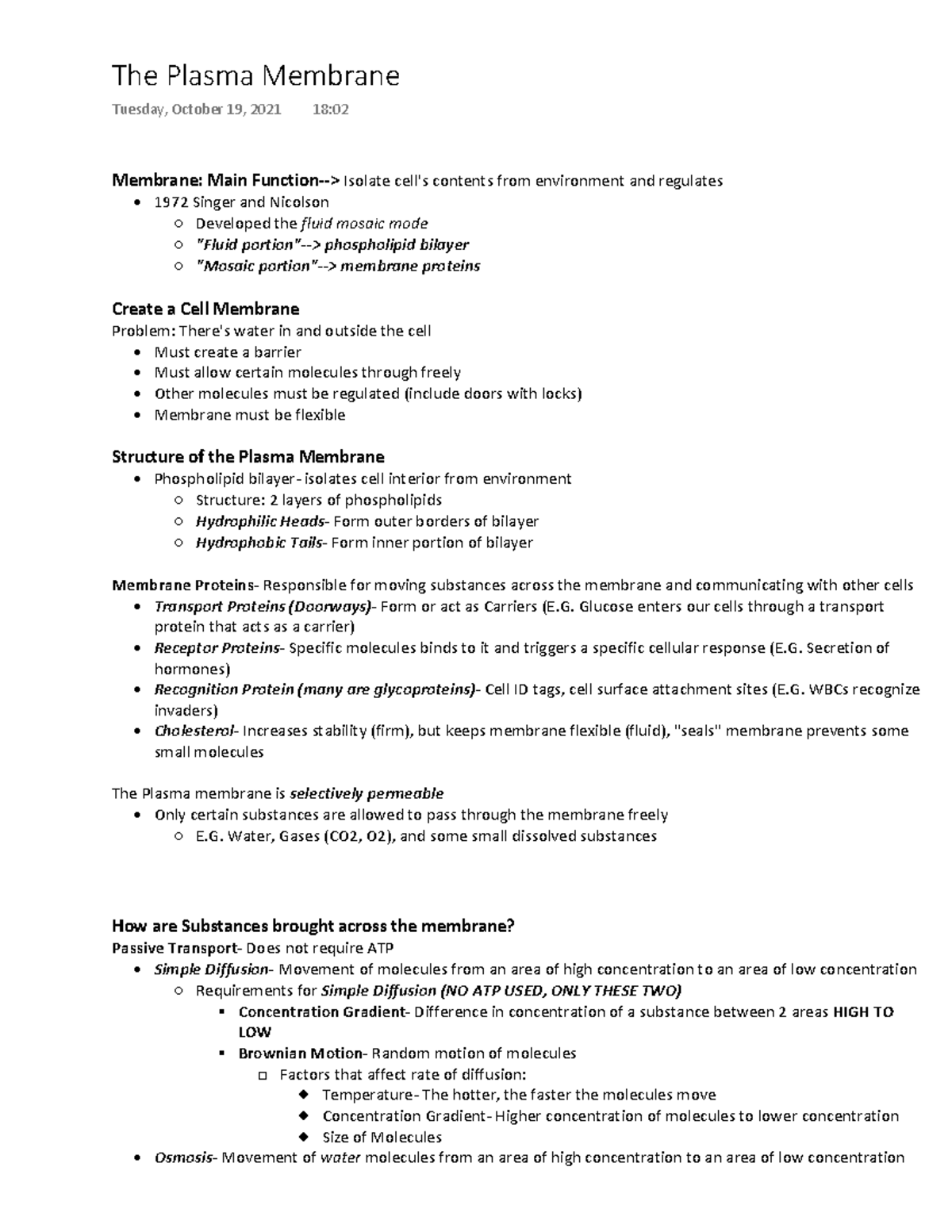 Biology the Plasma Membrane - - Studocu