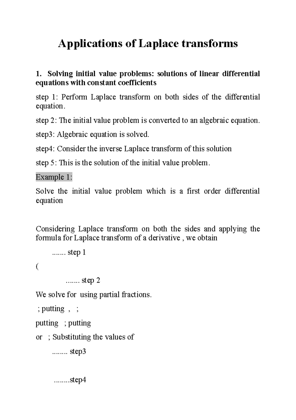 Applications of Laplace Transforms - Solving initial value problems: solutions of linear - Studocu