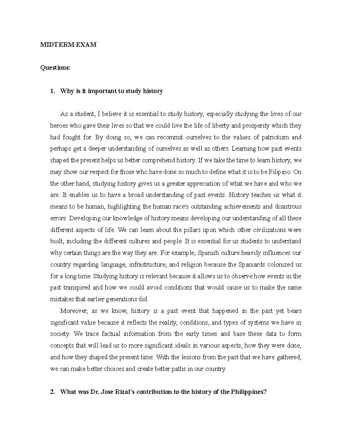 Midterm EXAM - Why is it important to study history - MIDTERM EXAM ...