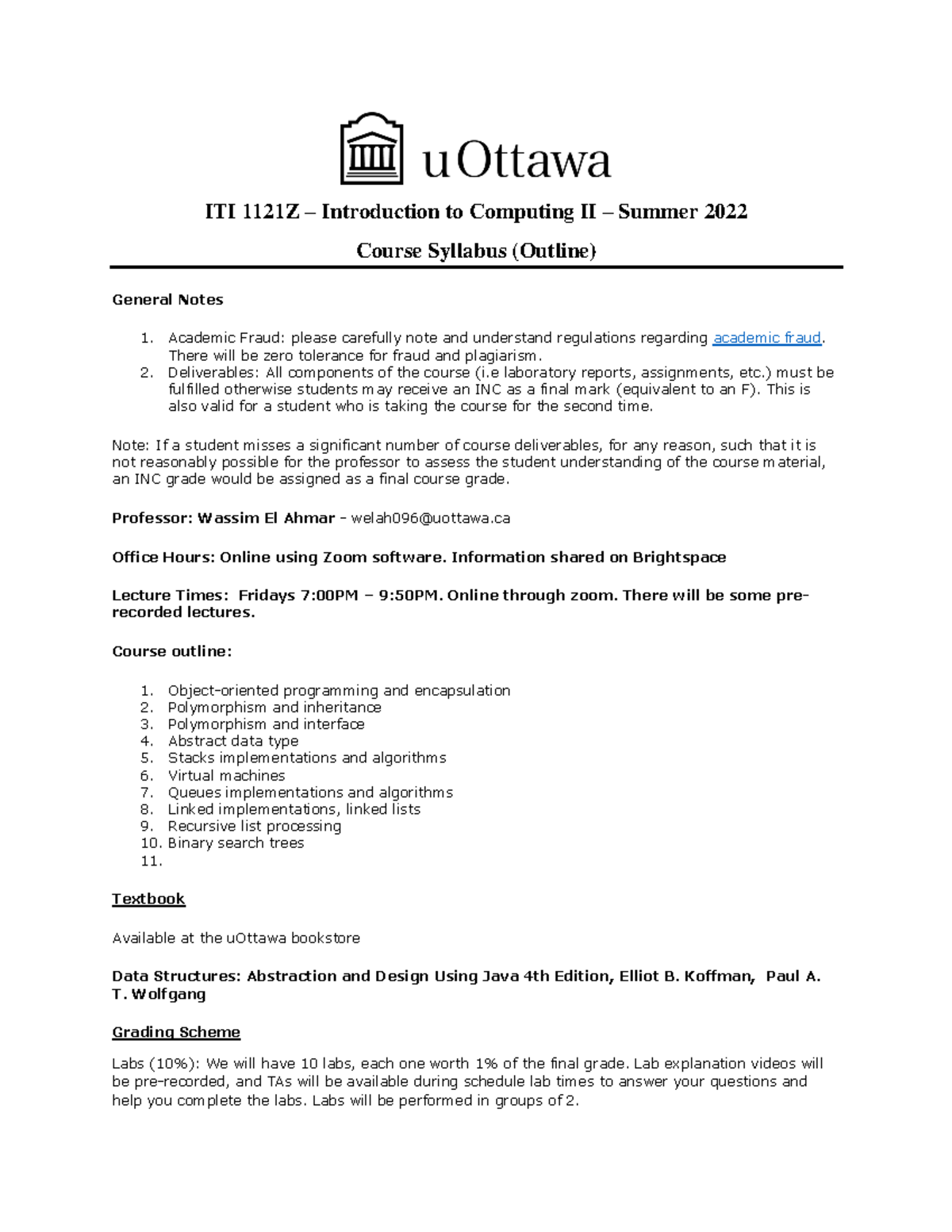 ITI1121 Z S22 Syllabus Outline - ITI1121 - uOttawa - Studocu