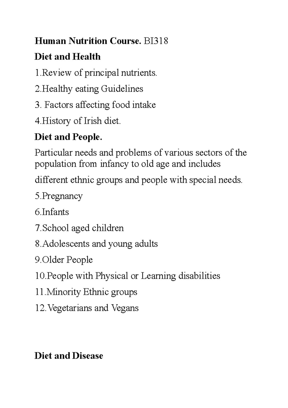 Human Nutrition Coursework outline - Human Nutrition Course. BI Diet ...