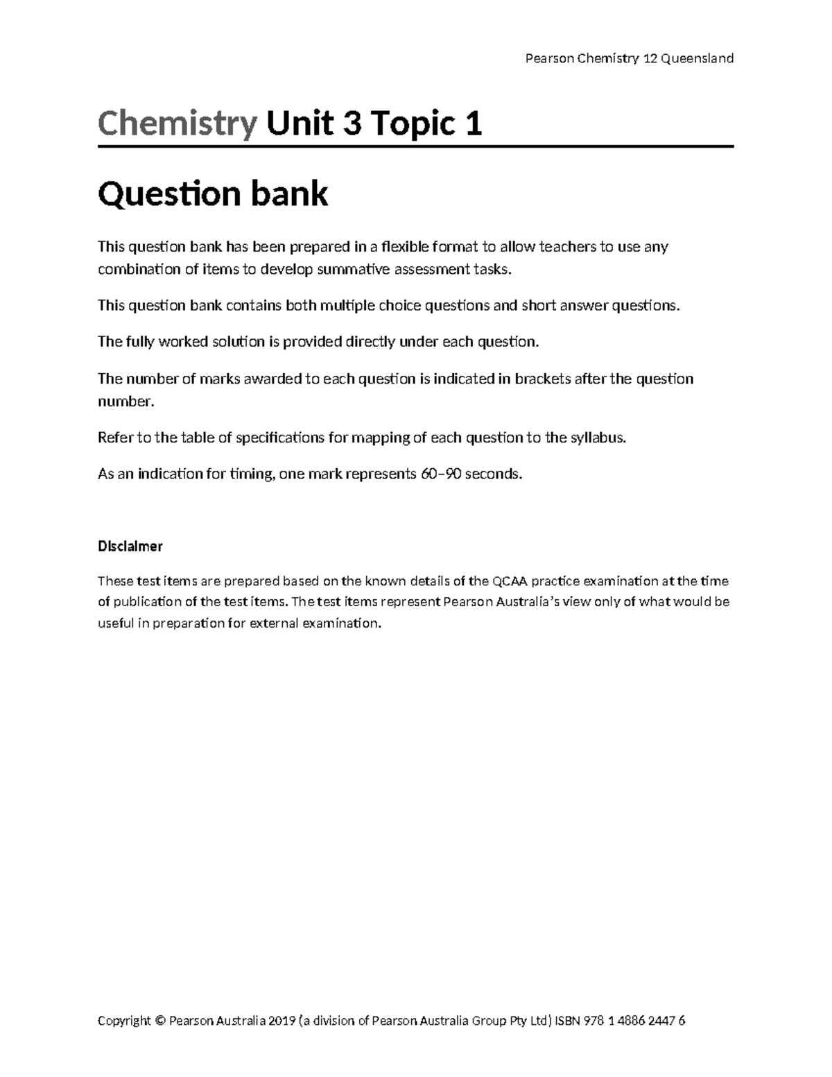 Pc12q exam u3 t1 - Worksheet - Chemistry Unit 3 Topic 1 Question bank This question bank has ...