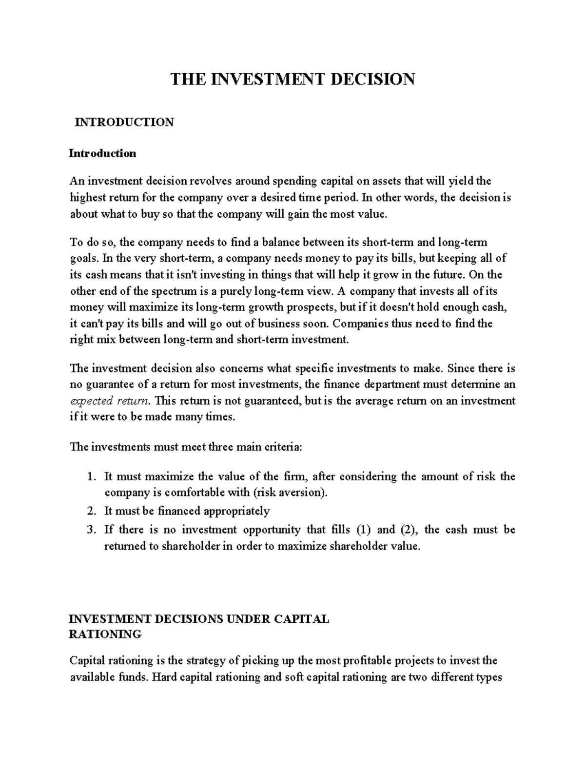 Advanced Financial Management - THE INVESTMENT DECISION INTRODUCTION ...