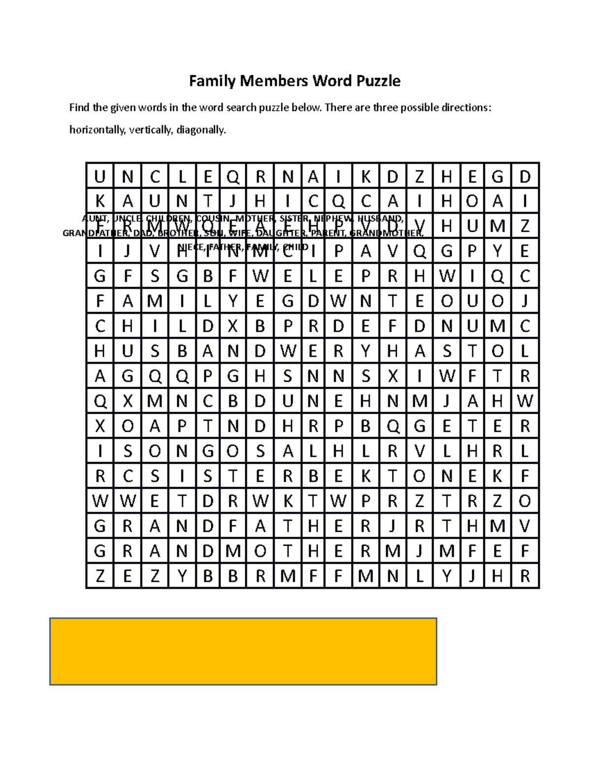 Family members word puzzle - Family Members Word Puzzle Find the given ...