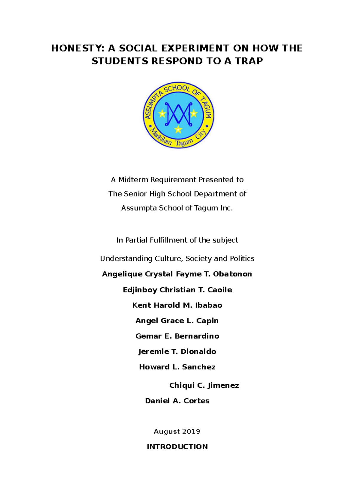 UCSP - Effective - HONESTY: A SOCIAL EXPERIMENT ON HOW THE STUDENTS ...