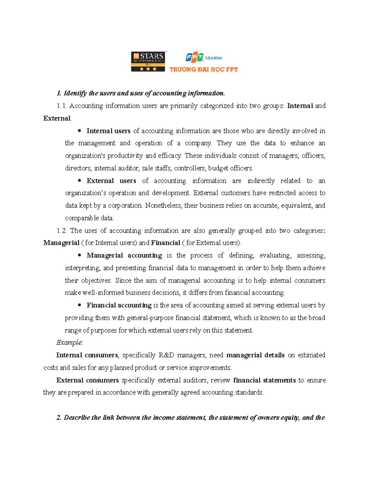 Individual assignment- Principle of accounting - 1. Identify the users ...