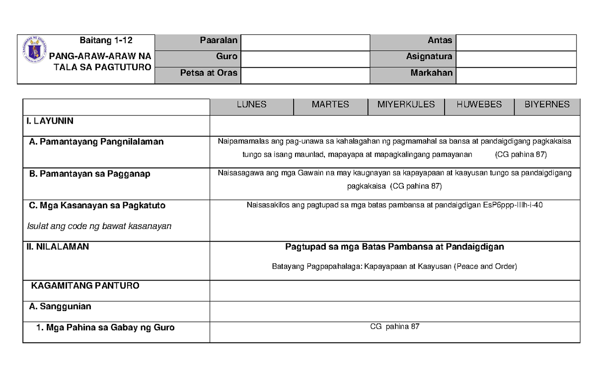 Week 9 ( 10.2 ) - Learning Plan in Esp - Baitang 1- PANG-ARAW-ARAW NA ...