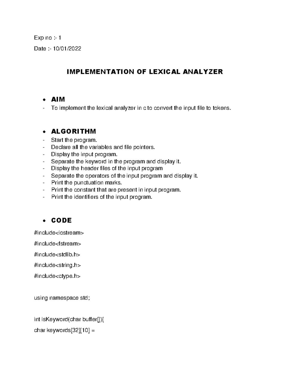 Cd1 Implementation Of Lexical Analyzer Exp No 1 Date 1001 Implementation Of Lexical