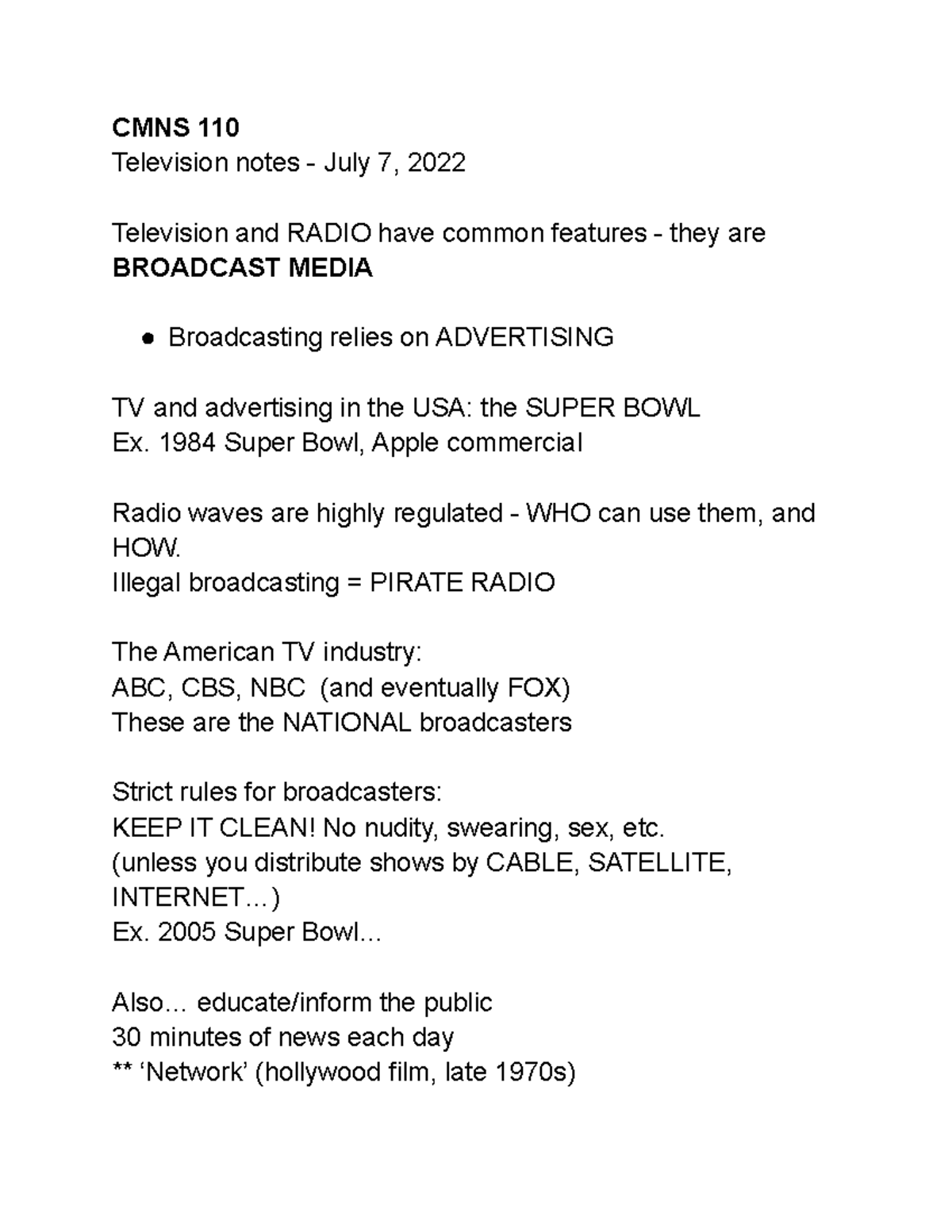 CMNS 110 - Television notes - CMNS 110 Television notes - July 7, 2022 ...