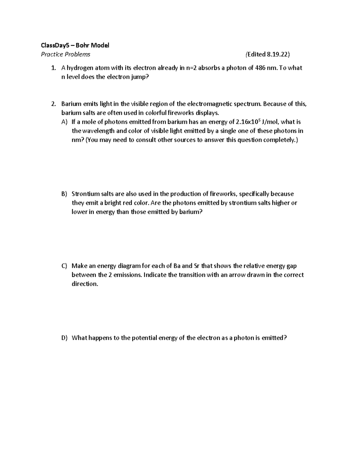 (d)Class Day 5 Practice Problems Bohr Model - ClassDay5 – Bohr Model ...