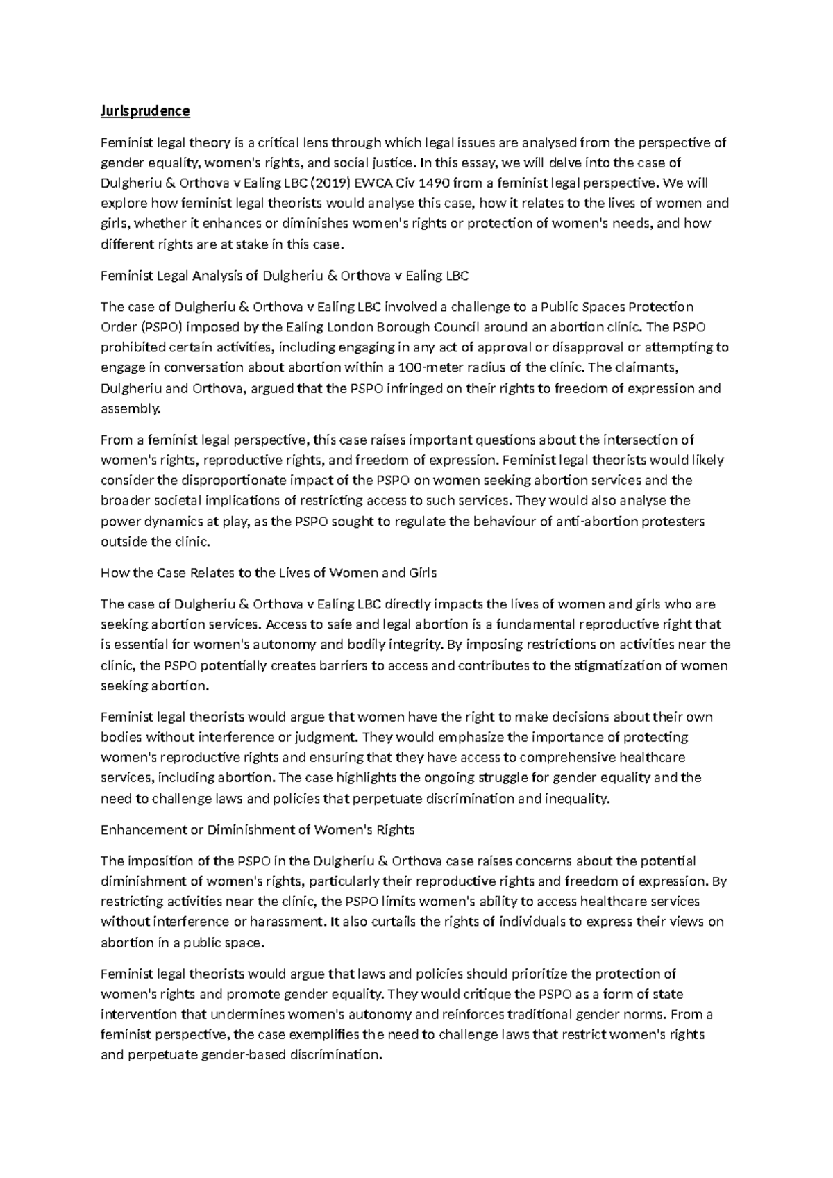 Jurisprudence notes - Sample essays. - Jurisprudence Feminist legal ...