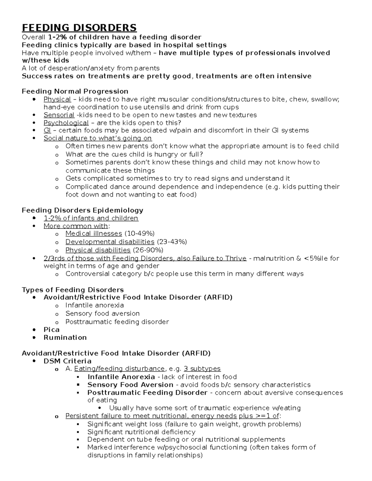 Feeding Disorders Notes - FEEDING DISORDERS Overall 1-2% of children ...