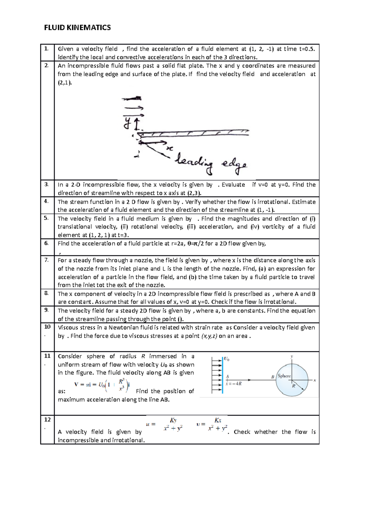 Problems Kinematics (1) - FLUID KINEMATICS 1. Given a velocity field , find the acceleration of ...